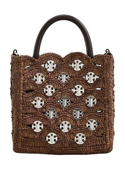 Rabanne Small Raffia Tote Bag With Signature 1969 Discs - Brown/silver