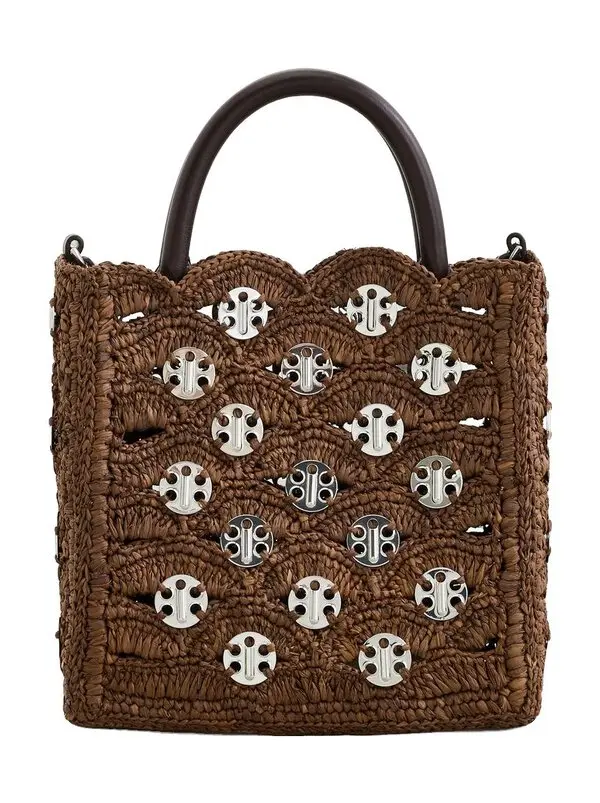 Rabanne Small Raffia Tote Bag With Signature 1969 Discs - Brown/silver