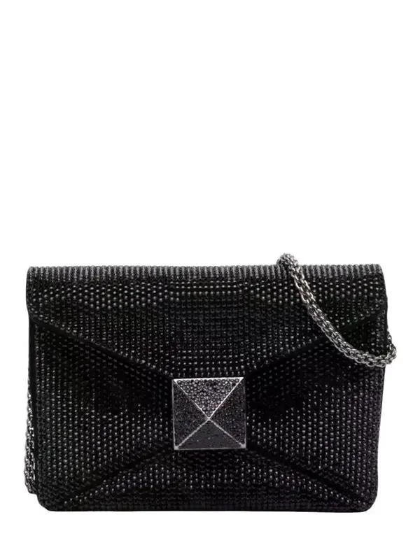 Valentino Garavani 2018-2026 Small Crystal Embellished Suede One Stud Clutch With Chain Crossbody Bag - Black
