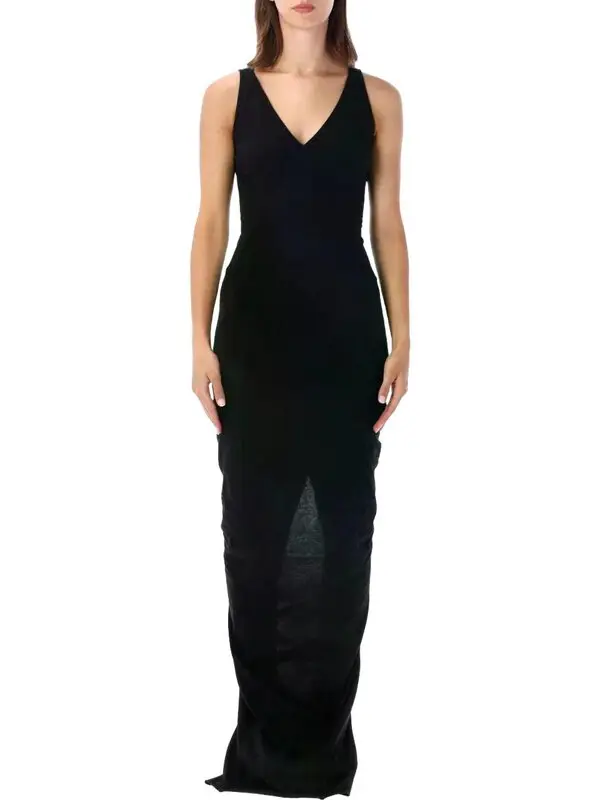 Rick Owens V-neck Maxi Dress With Ruched Detailing - Black