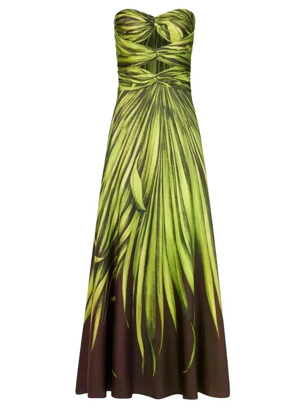 Oscar De La Renta Strapless Palm Leaves Silk Twill Cocktail Dress - Green