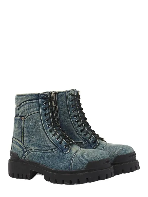 Balenciaga Combat Strike Denim Lace-up Boots - Blue