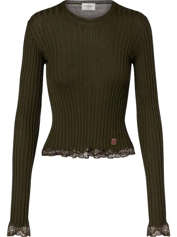 Saint Laurent Lace-trimmed Wool, Cashmere, And Silk Top - Green