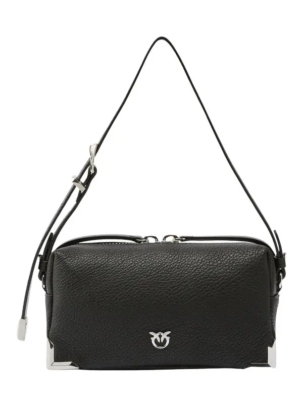 Pinko Shoulder Bag In Hammered Leather With Logo Plate - Black