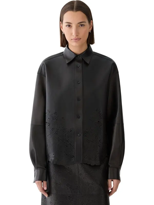 Lafayette 148 New York Laser Cut Nappa Leather Shirt - Black