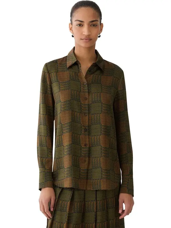 Lafayette 148 New York Glen Plaid Print Silk Button Front Blouse - Forest Multi