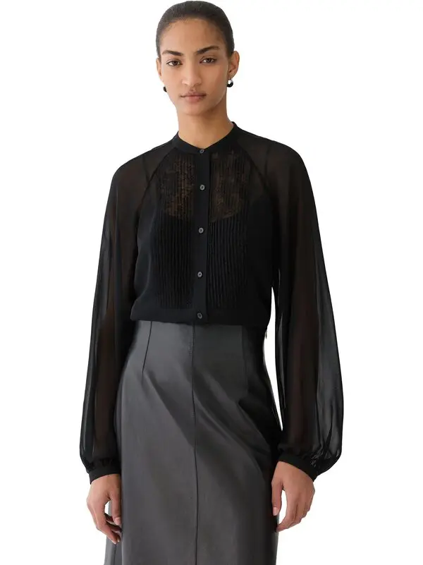 Lafayette 148 New York Silk Georgette Chantilly Lace Blouse - Black