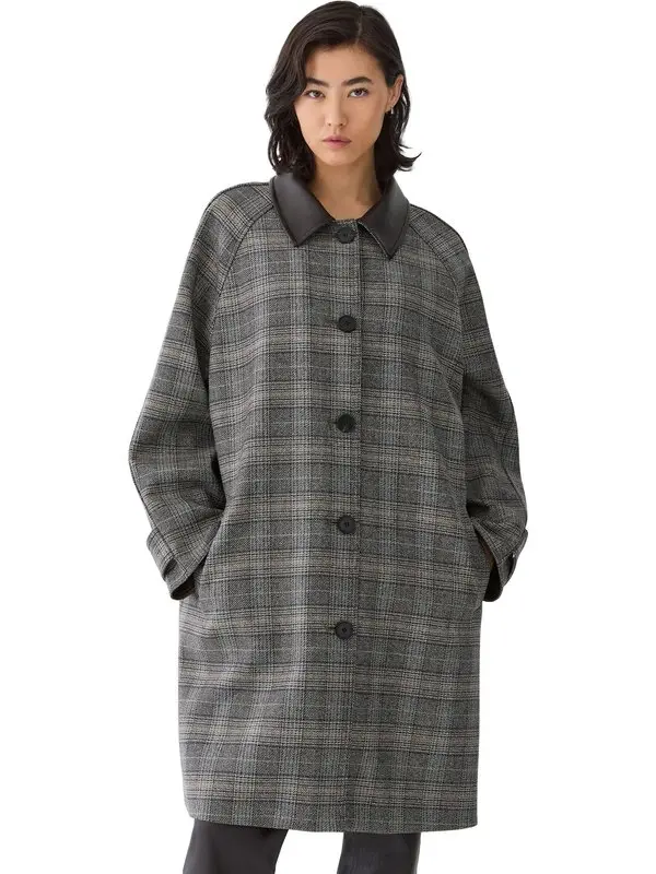 Lafayette 148 New York Wool Cashmere Glen Plaid Quilted Trench Coat - Black Multi