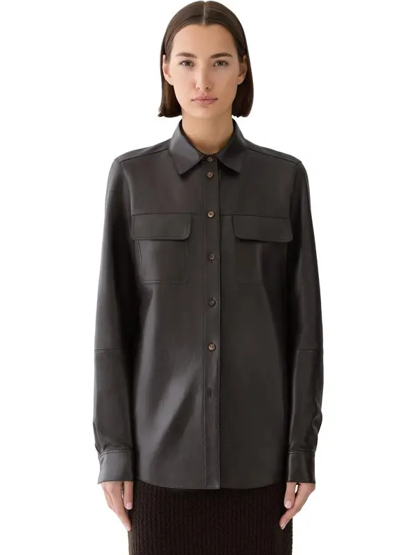 Lafayette 148 New York Nappa Leather Button Front Shirt - Truffle
