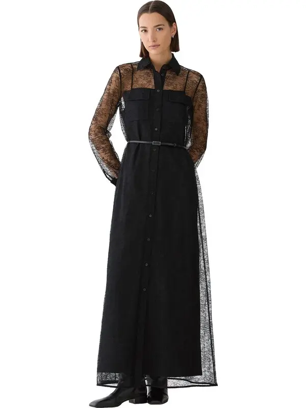 Lafayette 148 New York Chantilly Lace Belted Shirt Dress - Black