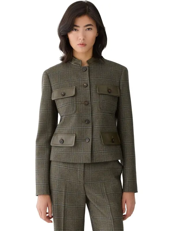 Lafayette 148 New York Wool Glen Plaid Cropped Jacket - Olive Multi