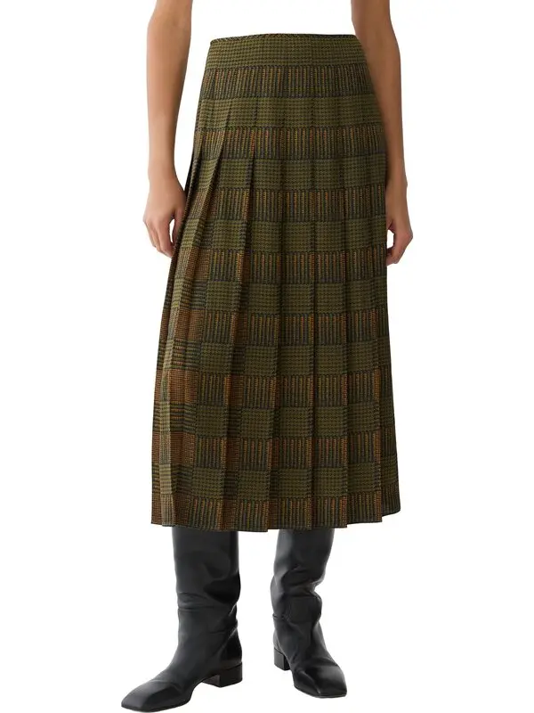 Lafayette 148 New York Glen Plaid Print Silk Pleated Midi Skirt - Forest Multi