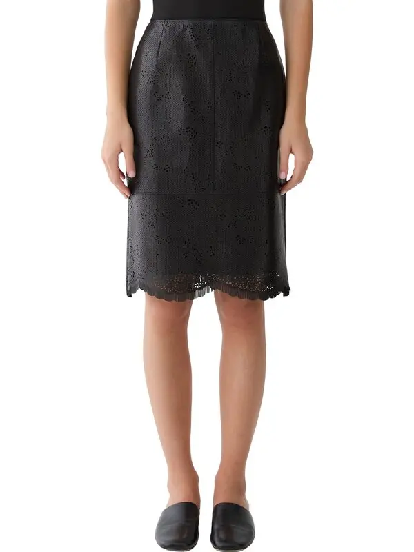 Lafayette 148 New York Laser Cut Nappa Leather Pencil Skirt - Black