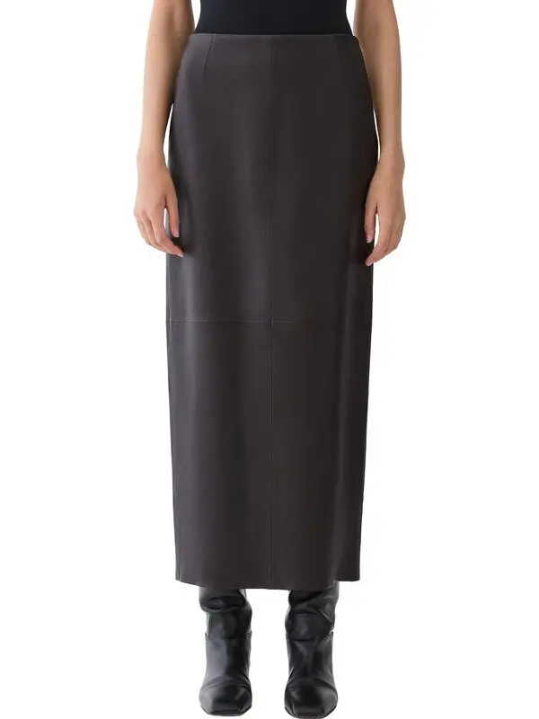 Lafayette 148 New York Stretch Nappa Leather Midi Pencil Skirt - Truffle