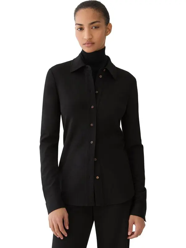 Lafayette 148 New York Double Knit Jersey Button Front Shirt - Black