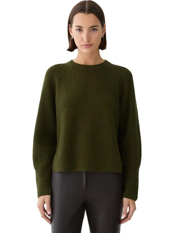 Lafayette 148 New York Wool Cashmere Fisherman's Rib Crewneck Sweater - Forest