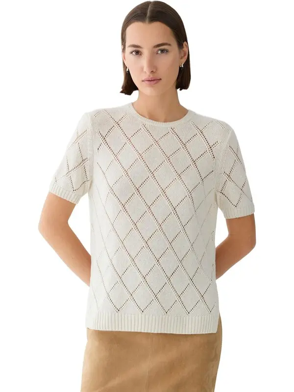 Lafayette 148 New York Petite Cashmere Sequin Silk Argyle Sweater - Cloud Metallic