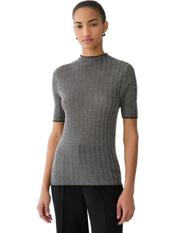 Lafayette 148 New York Petite Cashmere Herringbone Sweater - Black/buff