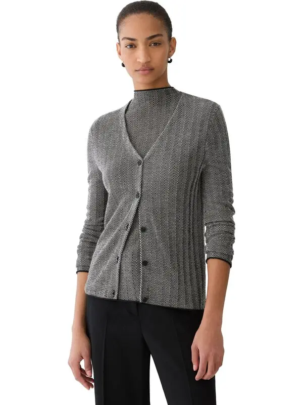 Lafayette 148 New York Petite Cashmere Herringbone V-neck Cardigan - Black/buff