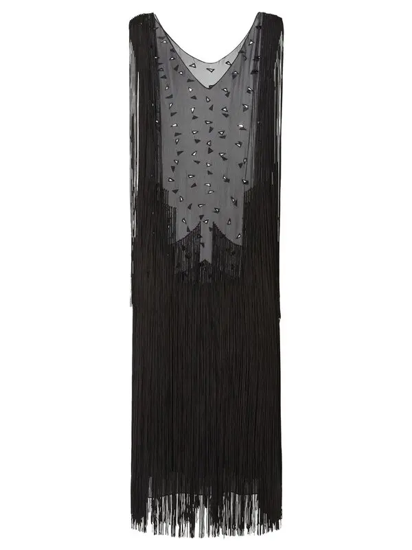 Fendi Embroidered Fringe Midi Dress - Black