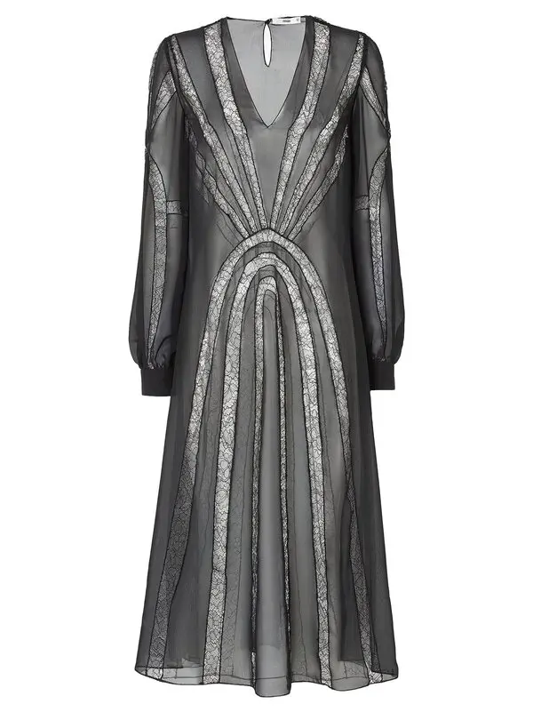 Fendi Silk Georgette Midi Dress With Chantilly Lace Inlays - Black