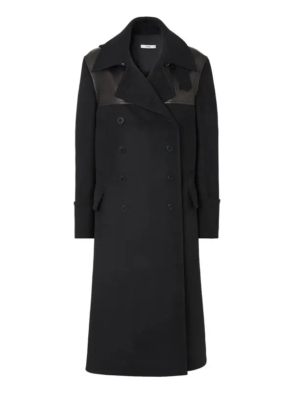 Fendi Double-breasted Parka With Leather Yoke - Black