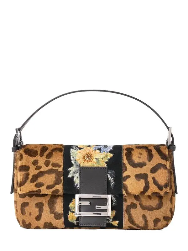 Fendi Baguette 26424 Jaguar Print Pony-effect Calfskin Baguette Bag - Brown