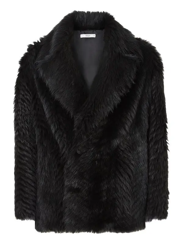 Fendi Shearling Pea Coat With Chevron Motif - Black