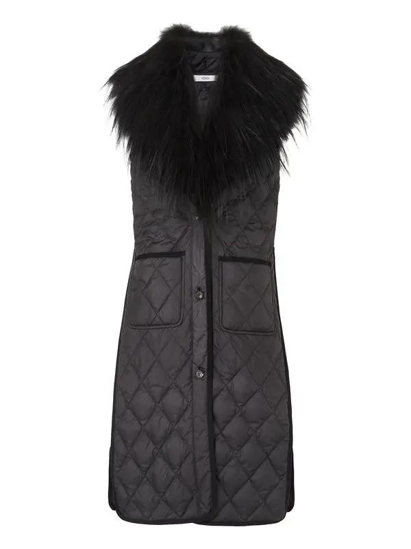 Fendi Nylon Quilted Diamond Motif Gilet With Fox Fur Collar - Black