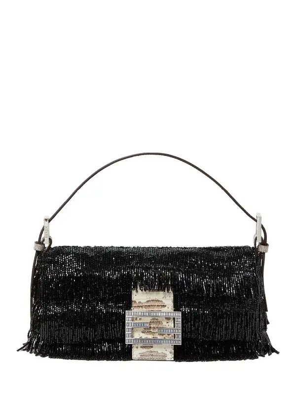 Fendi Baguette 26424 Beaded Fringe Shoulder Bag - Black