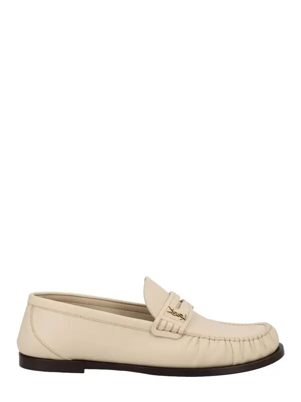 Saint Laurent Calf Leather Loafers With Gold Tone Detailing - Cream