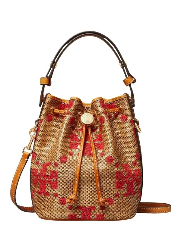 Tory Burch T Monogram Straw Mini Bucket Bag 'natural - Tan