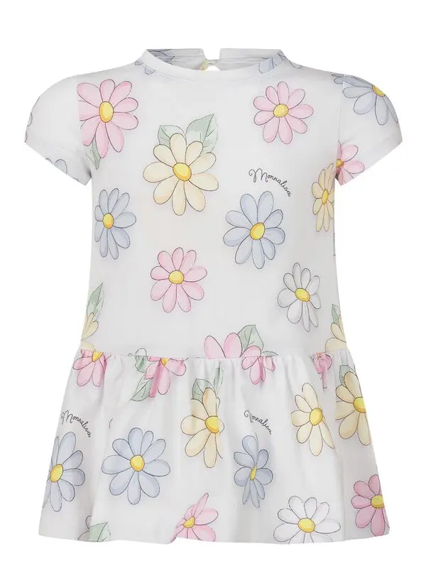 Monnalisa Floral Print Cotton Blend Dress - Bianco