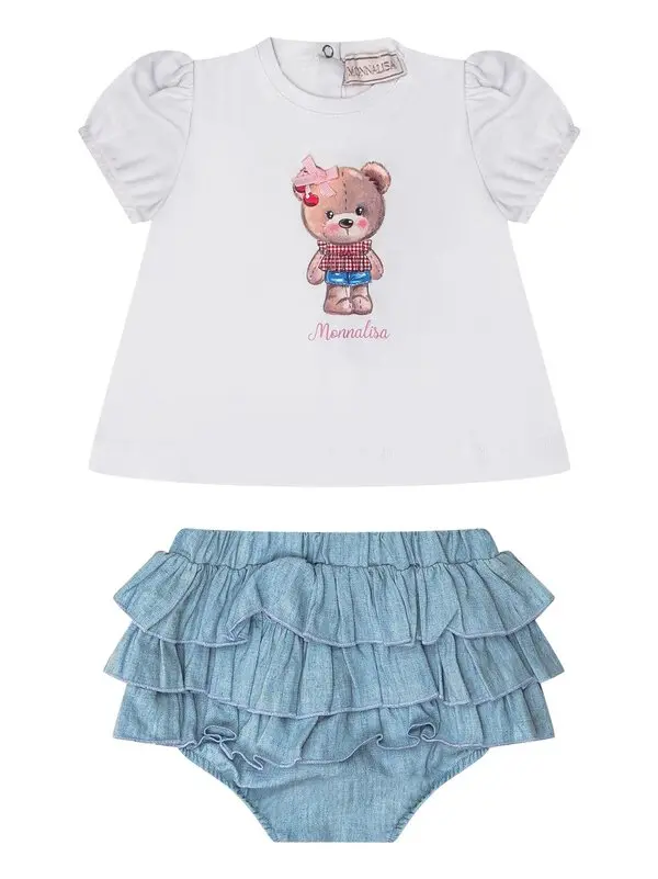 Monnalisa Mini T-shirt And Ruffled Coulotte Set - Bianco-indaco