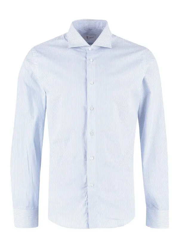 THE ALPHABET The Striped Cotton Shirt With Rounded Hem - Light Blue