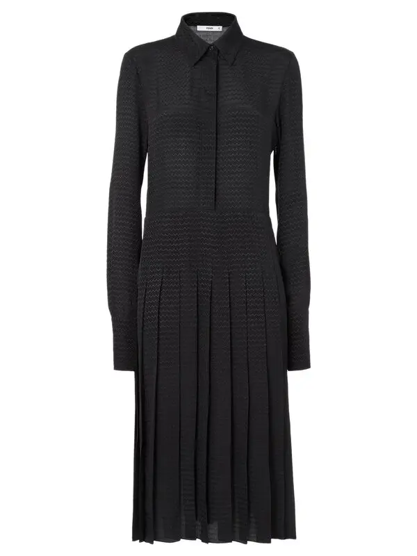Fendi Midi Silk Shirt Dress With Jacquard Chevron Pattern & Pleated Skirt - Nero