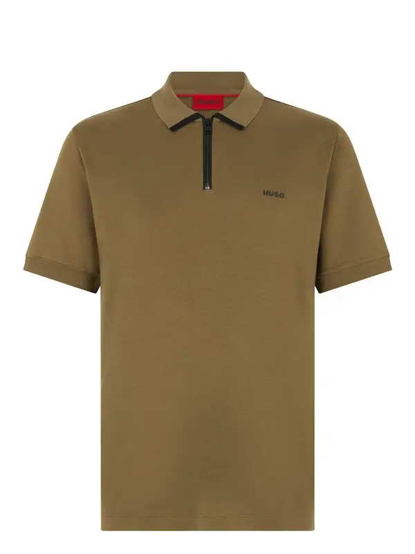 BOSS Cotton Polo With Zipper Short Sleeves - Khaki