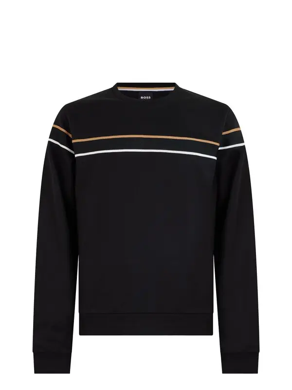 BOSS Minimal Cotton Crewneck Sweatshirt With Light Stripe Detailing - Black