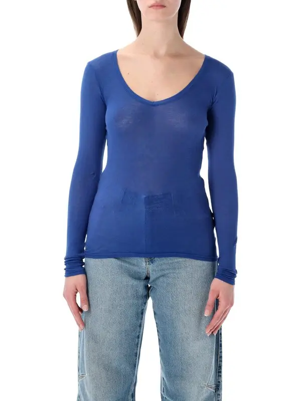 American Vintage Mini Ribbed V-neck T-shirt With Long Sleeves - Blue
