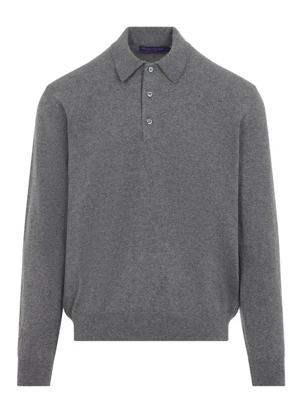 Ralph Lauren Purple Label Long Sleeve Cashmere Knit Polo Sweater - Grey