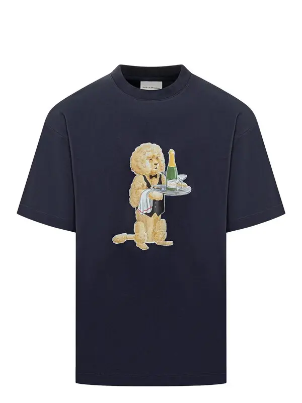 Drole De Monsieur Playful Dog Waiter T-shirt - Navy