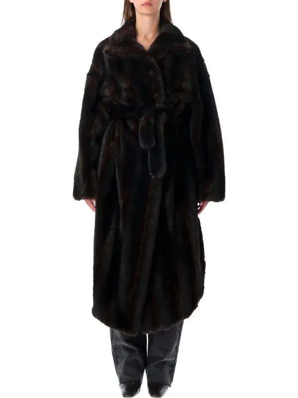 THE FRANKIE SHOP Faux Fur Long Coat With Tie Belt - Marrone