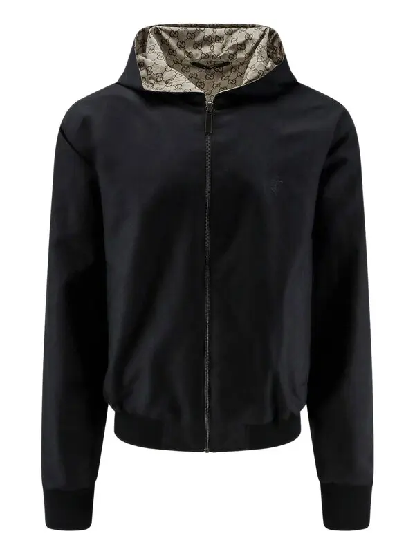 Gucci Compact Canvas Hooded Zip Jacket With Embroidered Crest - Nero