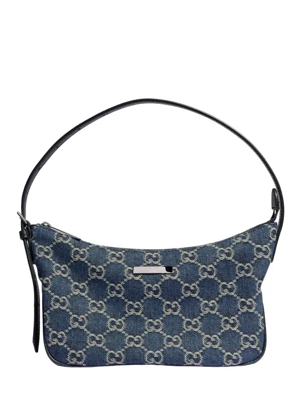 Gucci Washed Gg Denim Shoulder Bag With Leather Trim - Blu