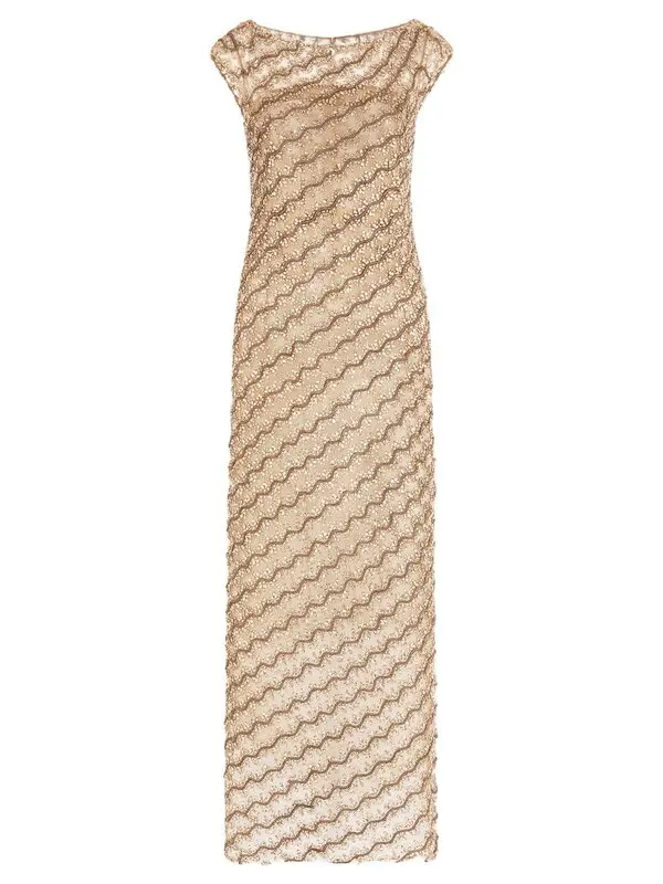 Oscar De La Renta Beaded Wave Embroidered Sleeveless Cocktail Dress - Gold