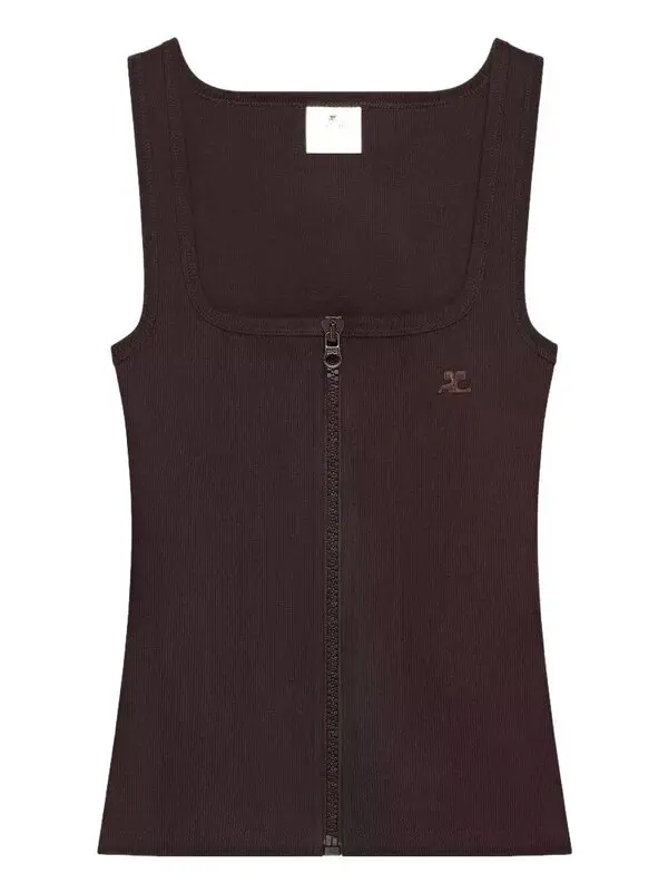 COURREGES 90's Ribbed-knit Zip-up Tank Top - Brown