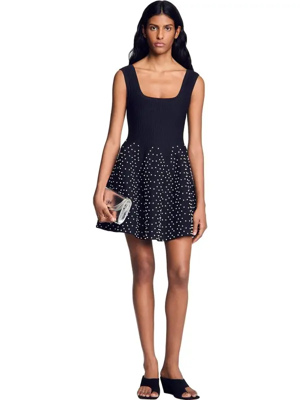Sandro Short Knit Dress With Beads - Black