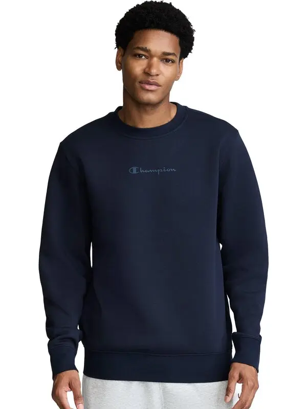 Champion Powerblend Crewneck Sweatshirt, Tonal Script Logo - Deep Navy