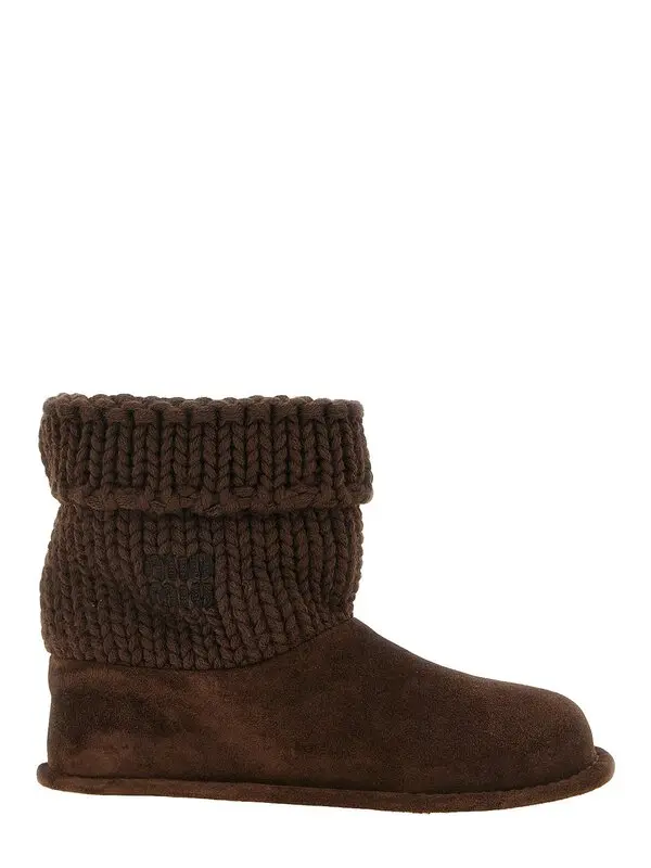Miu Miu Suede And Knit Ankle Boots - Brown