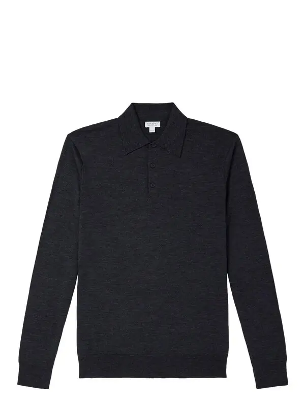 Sunspel Merino Wool Long Sleeve Polo - Gray